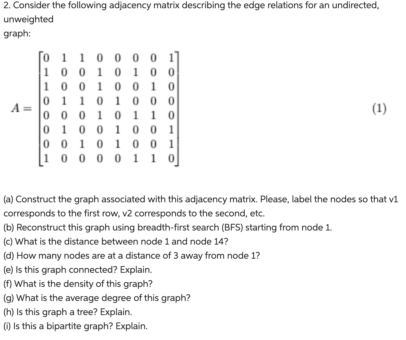 Solved 2. Consider the following adjacency matrix describing | Chegg.com