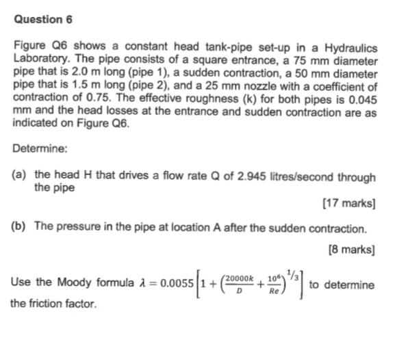 Solved Question 6 Figure 26 shows a constant head tank-pipe | Chegg.com