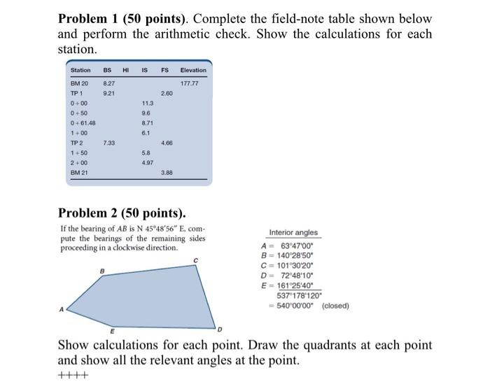 Solved Problem 1 (50 points). Complete the field-note table | Chegg.com