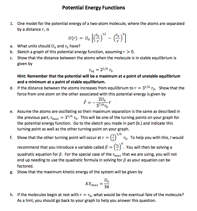 Solved Potential Energy Functions 1. One model for the | Chegg.com