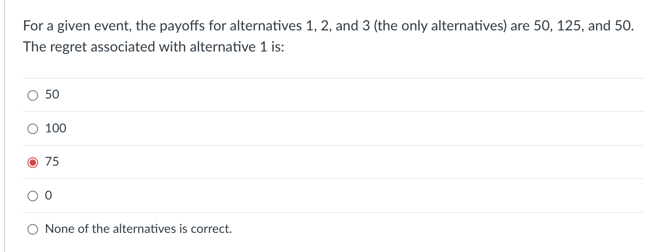 Solved For a given event, the payoffs for alternatives 1,2 , | Chegg.com