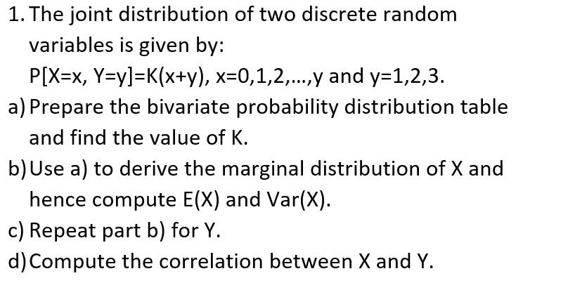 Solved 1. The joint distribution of two discrete random | Chegg.com