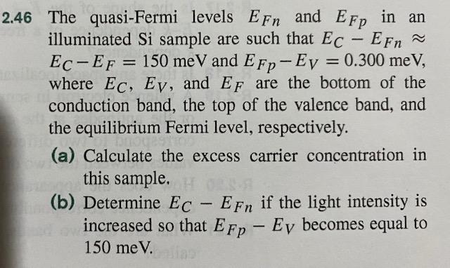 Solved 2.46 The quasi-Fermi levels EFn and EFp in an | Chegg.com