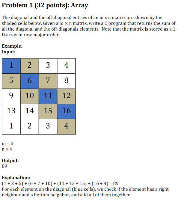 Solved Problem 1 (32 points): Array The diagonal and the | Chegg.com