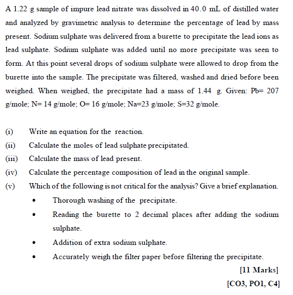 Solved A 1.22 g sample of impure lead nitrate was dissolved | Chegg.com