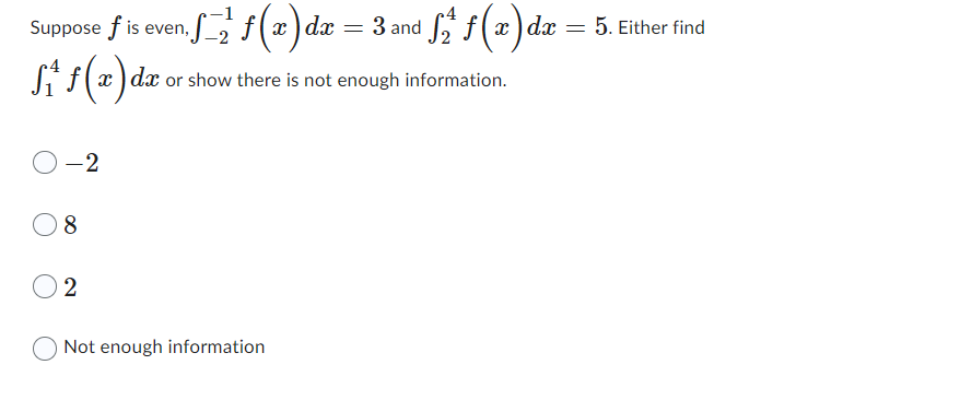 Solved Suppose f is even, ∫−2−1f(x)dx=3 and ∫24f(x)dx=5. | Chegg.com
