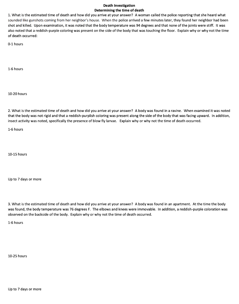 Solved Death Investigation Determining the time of death 1. | Chegg.com