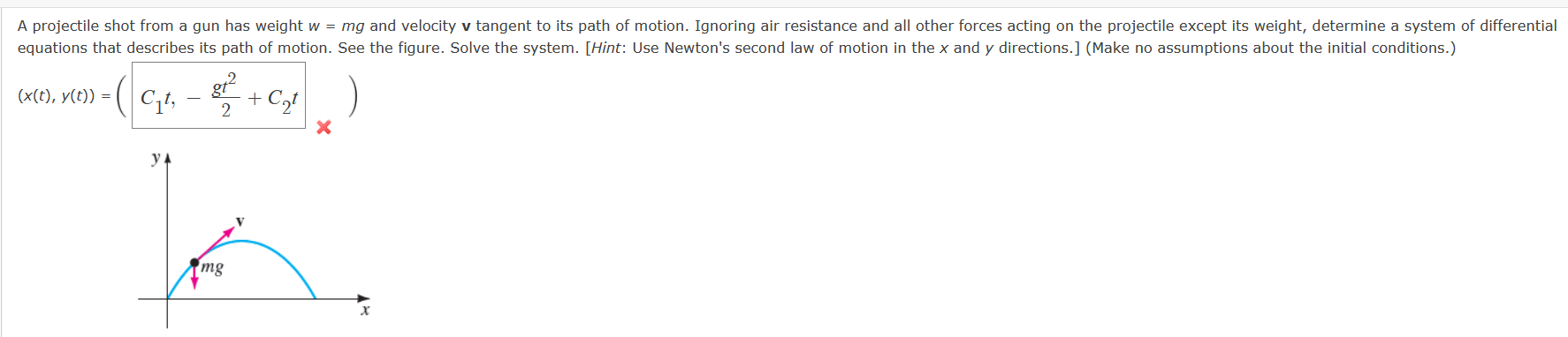 Solved (x(t),y(t))=(C1t,−2gt2+C2t) | Chegg.com