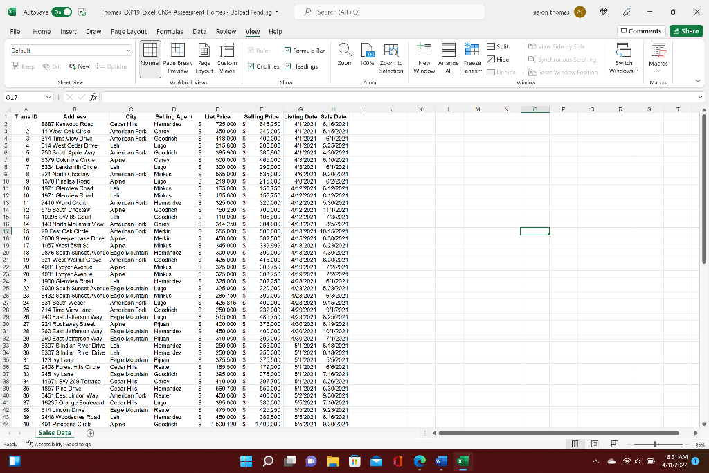 AutoSave On Thomas_EXP13_Excel_Cho4_Assessment_Homes. | Chegg.com