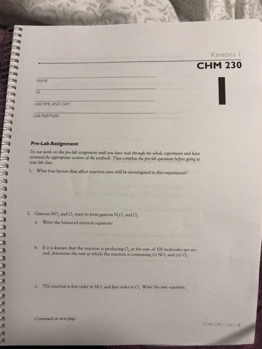 Solved Kinetics I CHM 230 NAME TA LABTIME AND DAY LAB | Chegg.com