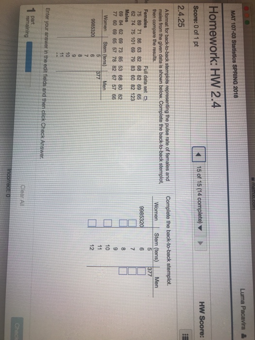 Solved MAT 107-03 StatisticS SPRING 2018 Homework: HW 2.4 | Chegg.com