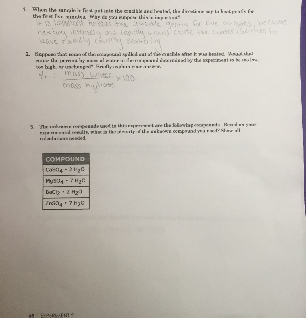 Solved EXPERIMENT 2 REPORT Data Sheet DETERMINING THE % | Chegg.com