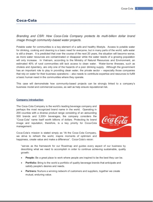 Solved: Coca-Cola Branding And CSR: How Coca-Cola Company ... | Chegg.com
