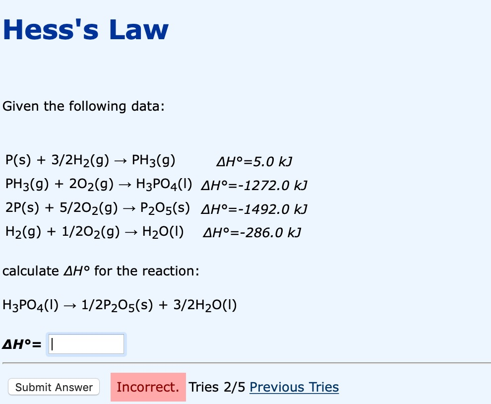 Solved Hess's Law Given the following data: PHз(9) | Chegg.com