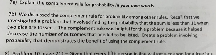 Solved 7a) Explain the complement rule for probability in | Chegg.com