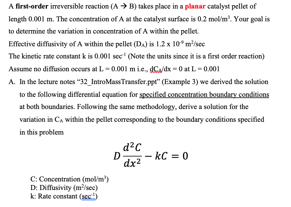 Solved A First Order Irreversible Reaction A → B Takes