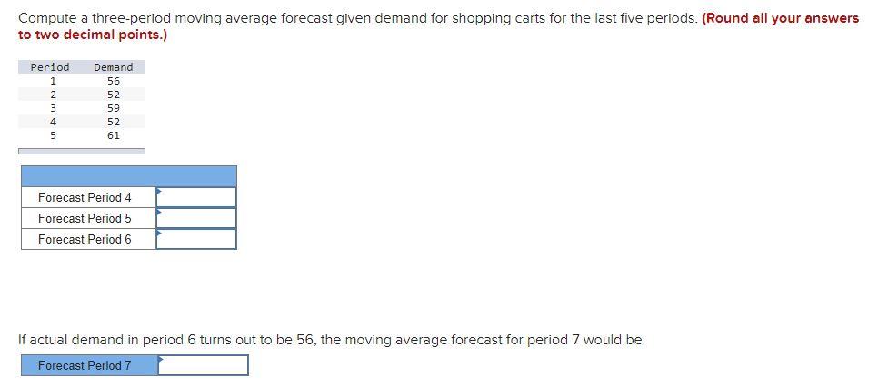 Solved Compute a three-period moving average forecast given | Chegg.com