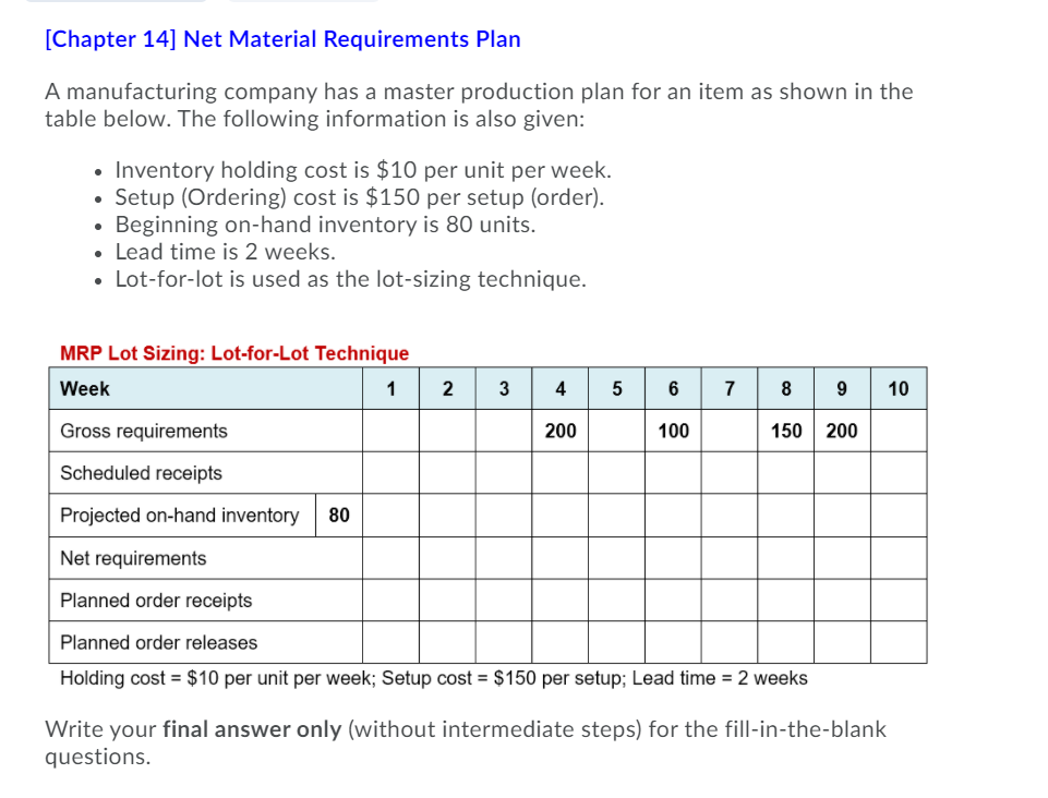 Solved [Chapter 14] Net Material Requirements Plan A | Chegg.com