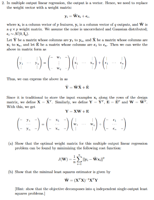 2. In multiple output linear regression, the output | Chegg.com