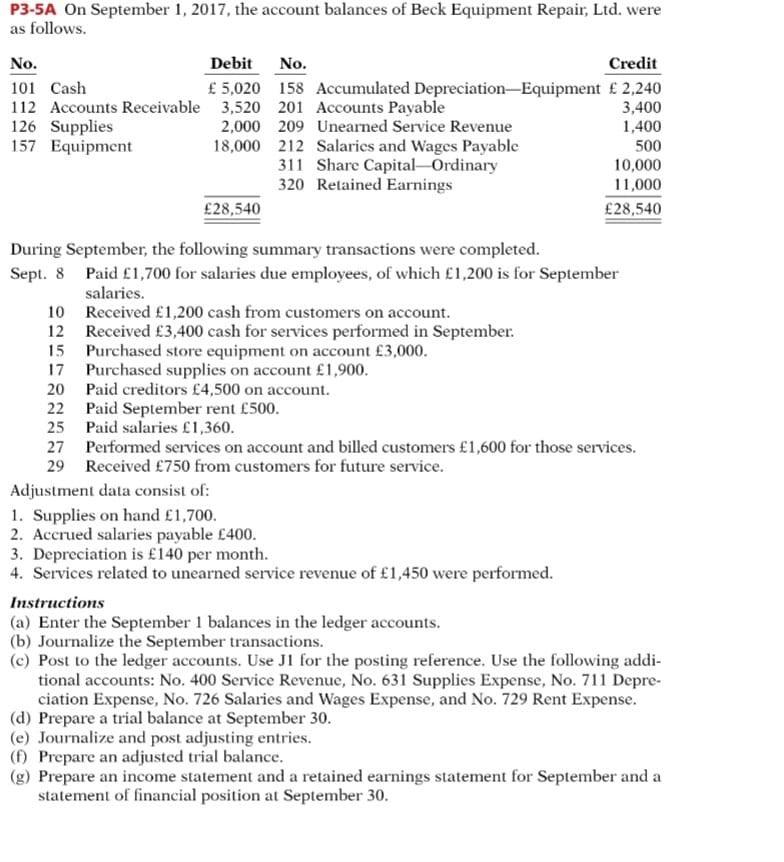 Solved P3-5A On September 1, 2017, the account balances of | Chegg.com