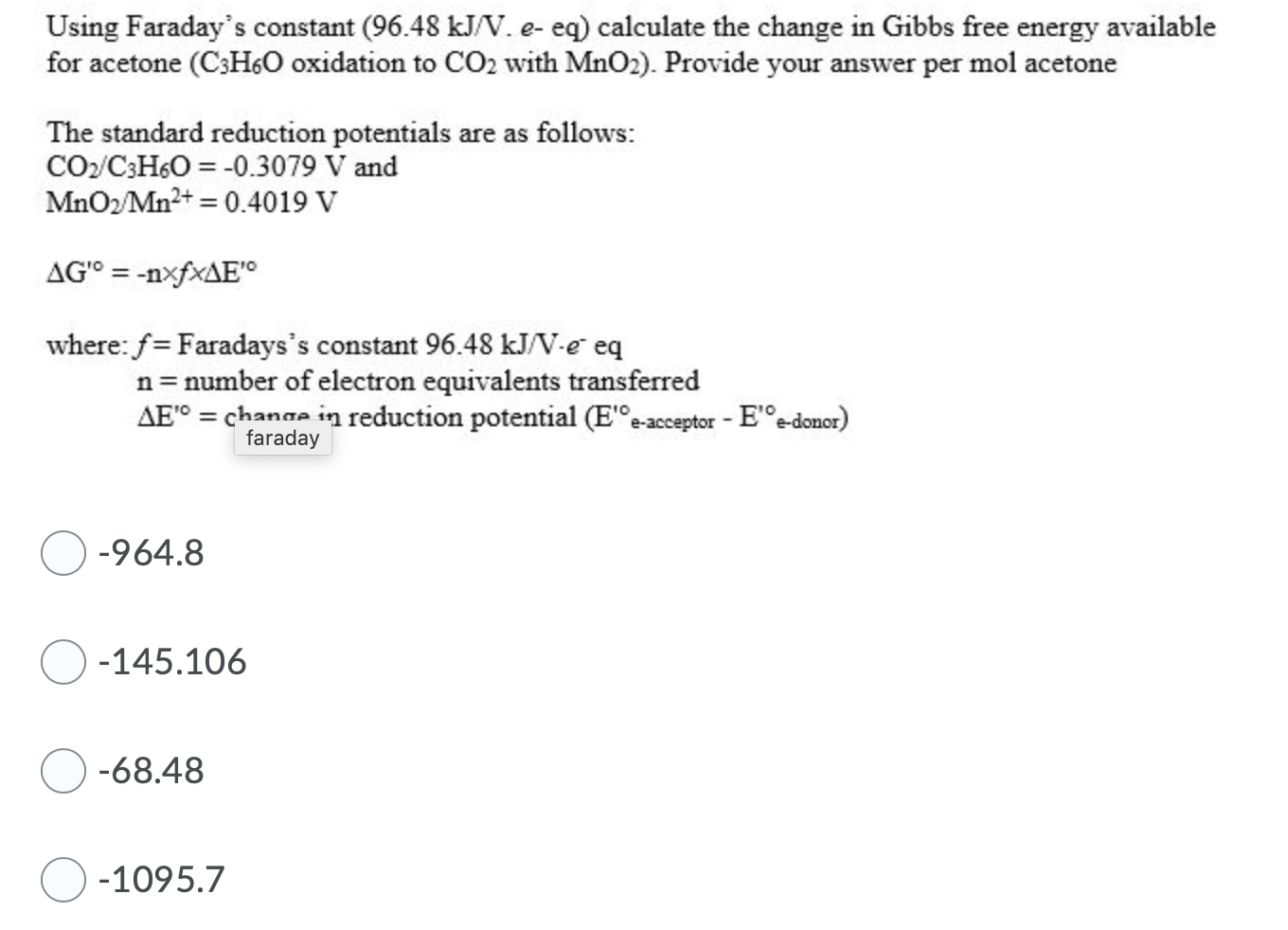 Solved Using Faraday's constant (96.48 kJ/V. e-eq) calculate | Chegg.com