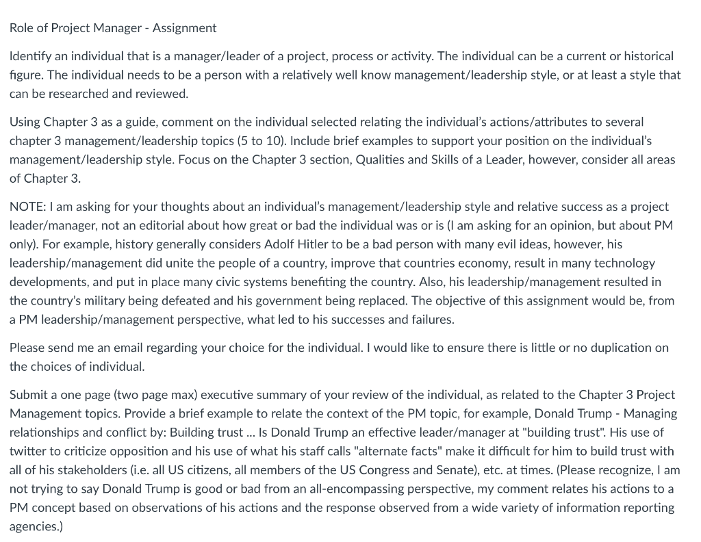 Role of Project Manager - Assignment Identify an | Chegg.com