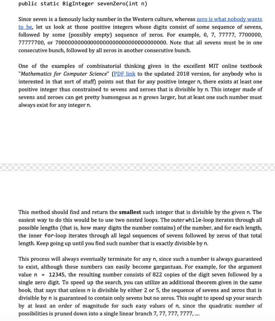 Solved public static BigInteger sevenZero(int n) Since seven | Chegg.com
