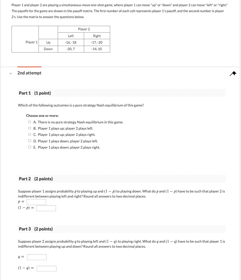 Solved Player 1 and player 2 are playing a simultaneous-move | Chegg.com