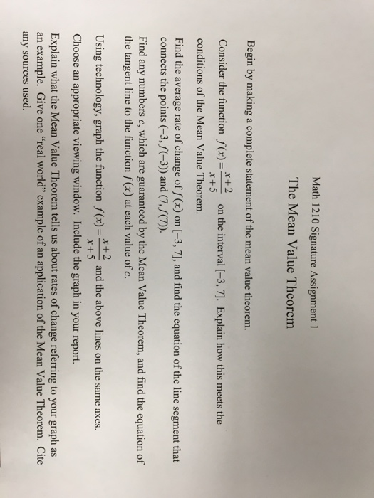 Solved Math 1210 Signature Assignment 1 The Mean Value | Chegg.com