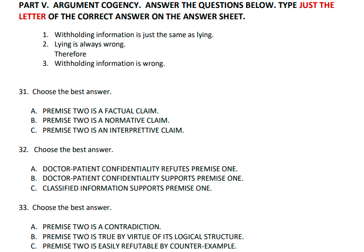 Solved PART V. ARGUMENT COGENCY. ANSWER THE QUESTIONS BELOW. | Chegg.com