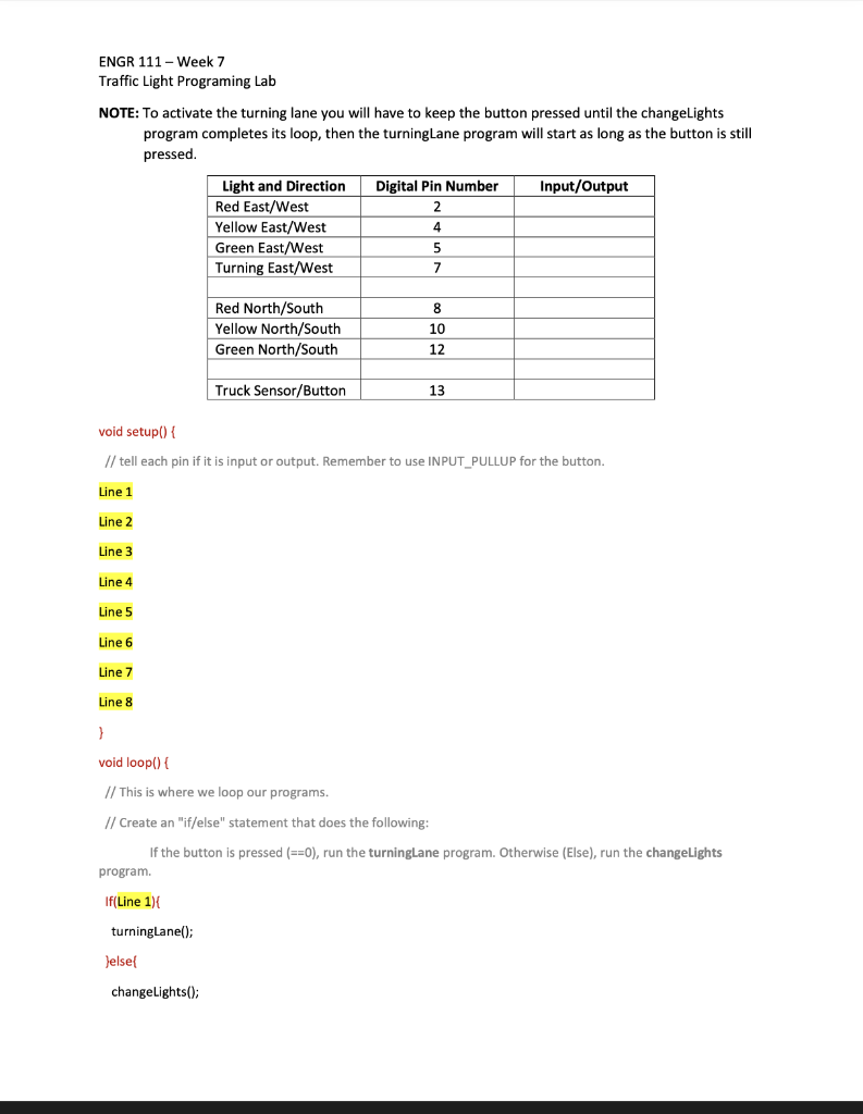 ENGR 111 - Week 7 Traffic Light Programing Lab Figure | Chegg.com