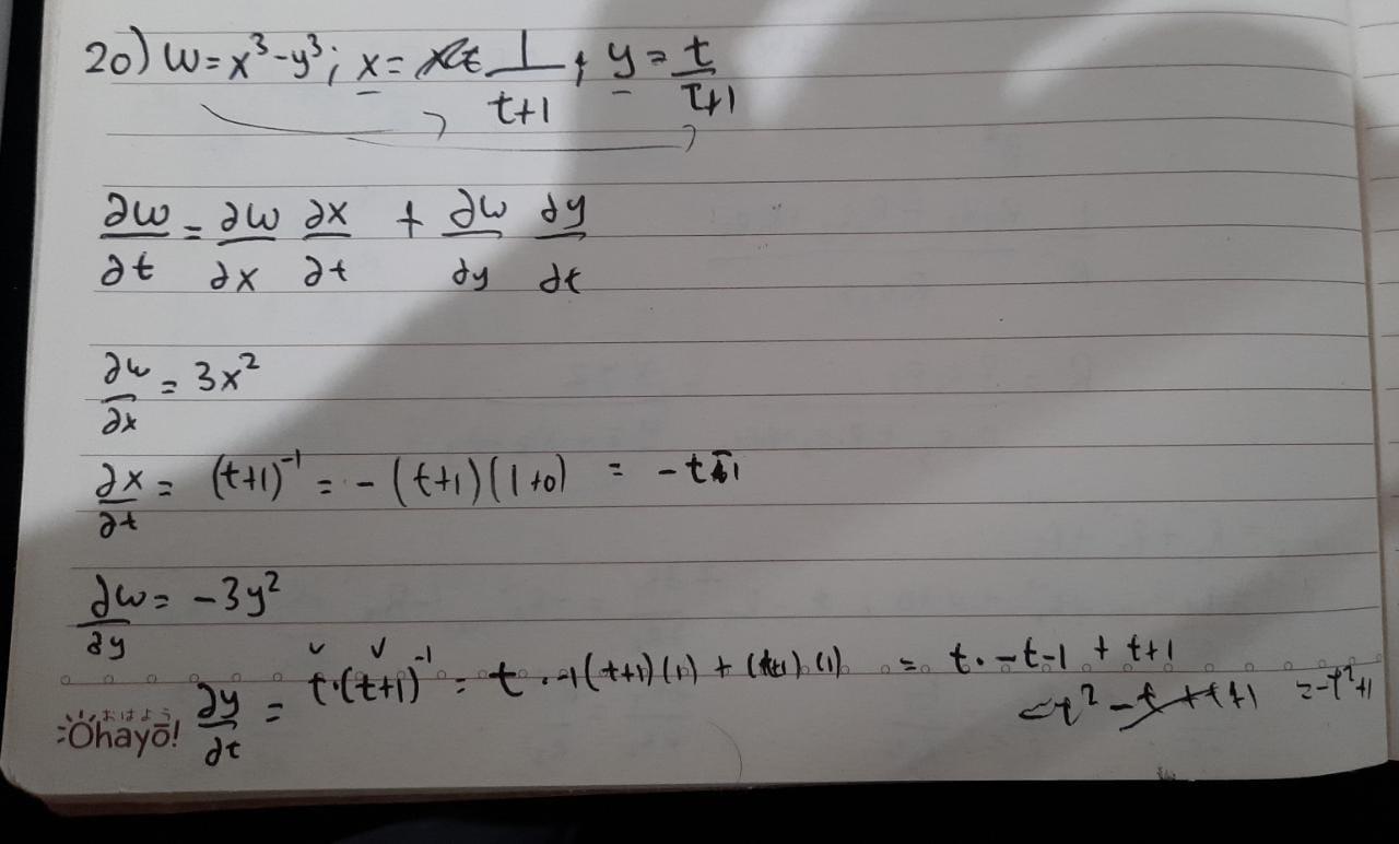 Solved 20. w=x3−y3;x=t+11,y=t+1t 20) | Chegg.com