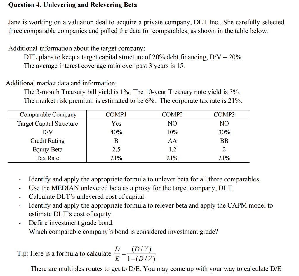 Solved Question 4. Unlevering and Relevering Beta Jane is | Chegg.com