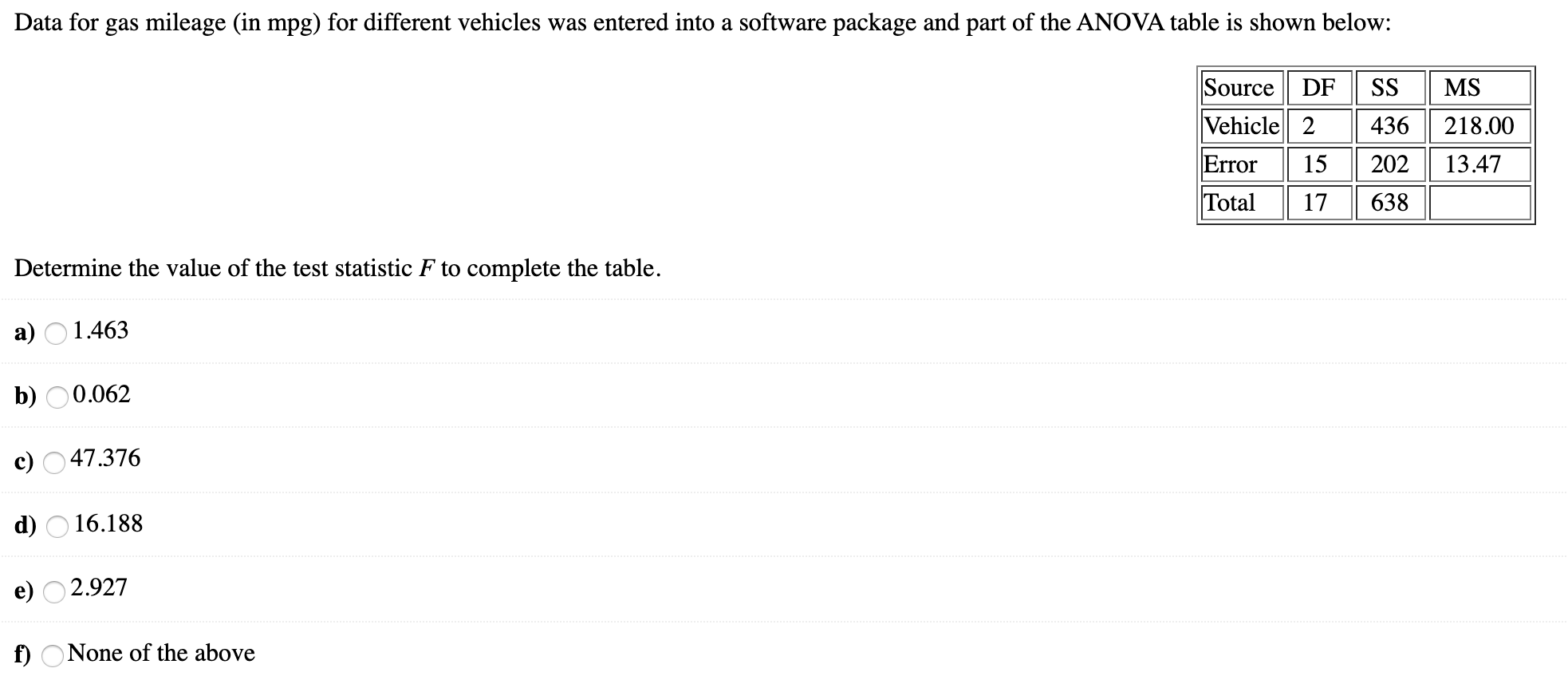 Solved Data for gas mileage (in mpg) for different vehicles | Chegg.com