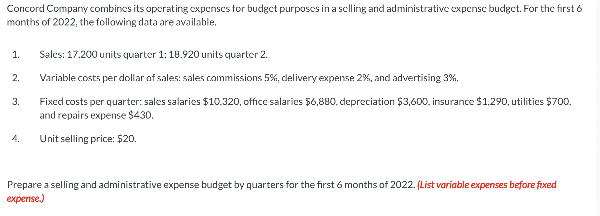 Solved Concord Company combines its operating expenses for | Chegg.com