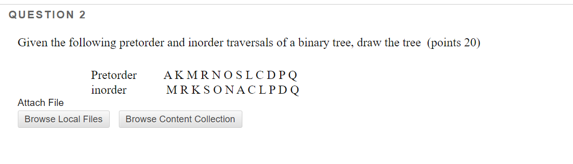 Solved QUESTION 2 Given the following pretorder and inorder | Chegg.com
