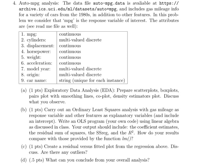 Auto-mpg analysis: The data file auto-mpg.data is | Chegg.com