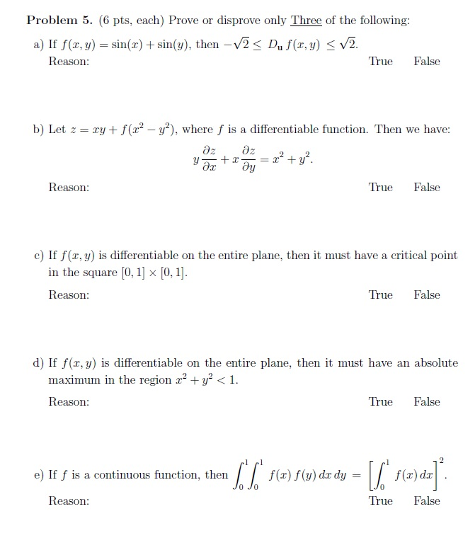 Solved Problem 5. (6 pts, each) Prove or disprove only Three | Chegg.com