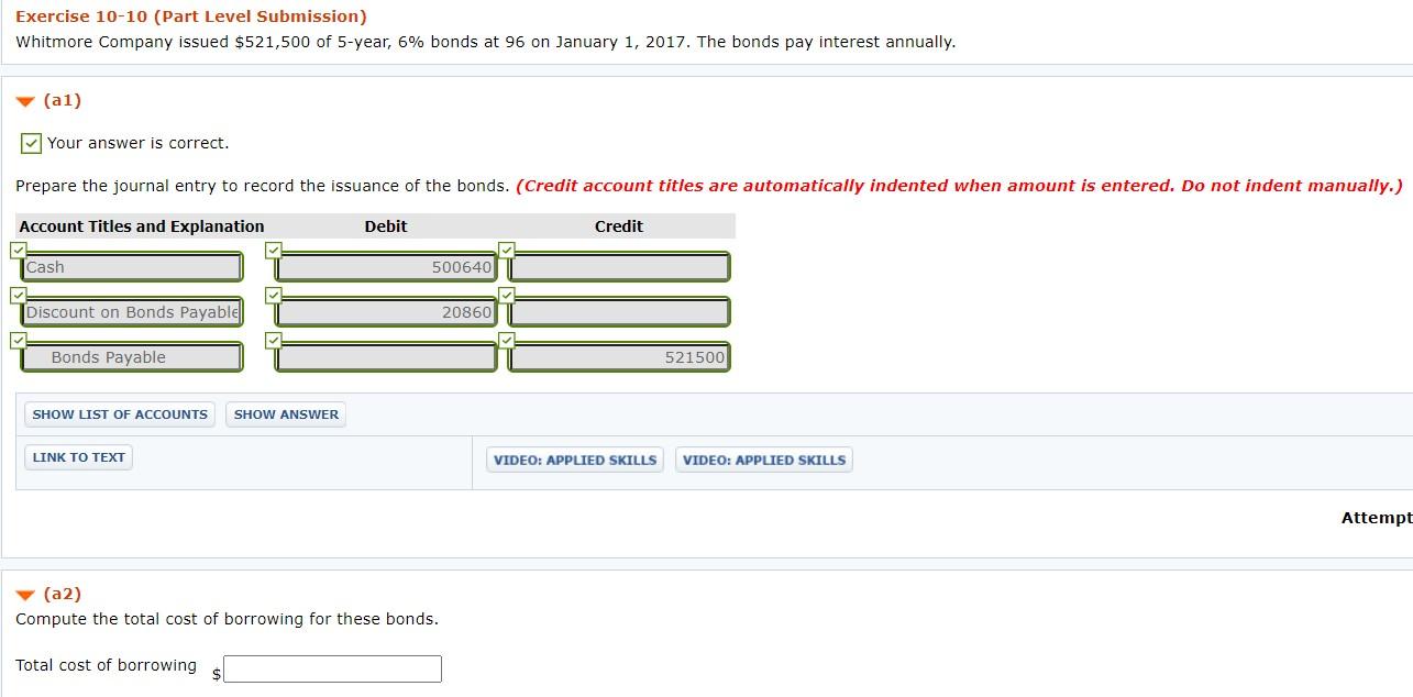 Solved Exercise 10-10 (Part Level Submission) Whitmore | Chegg.com
