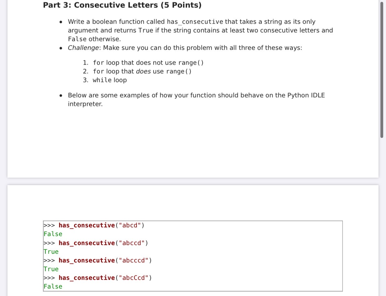 Solved Part 3: Consecutive Letters (5 Points) Write a | Chegg.com