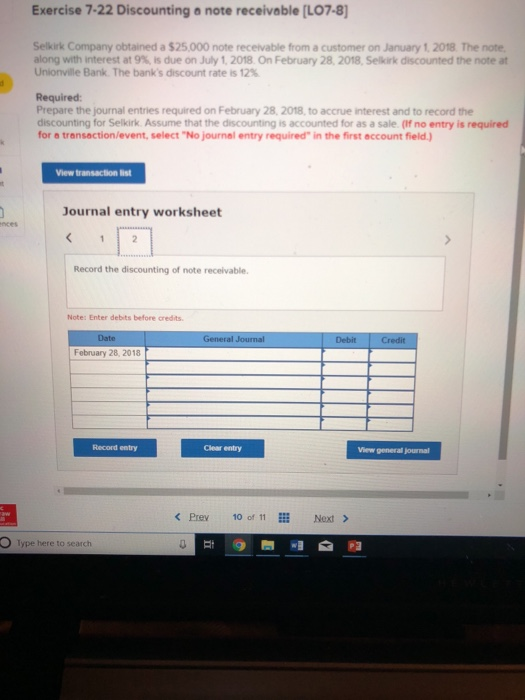 Solved Exercise 7-22 Discounting a note receivable [LO7-8 | Chegg.com