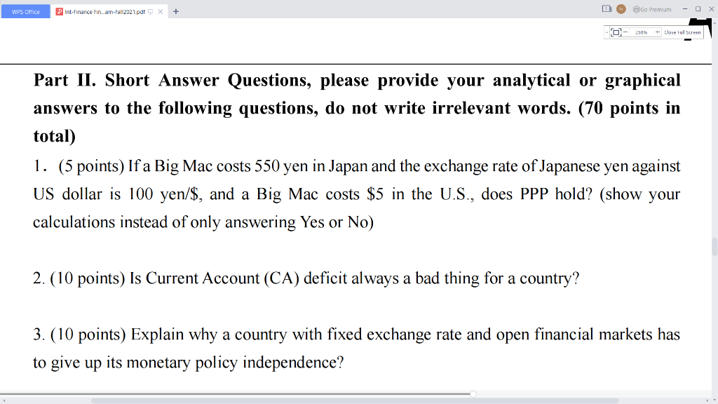 Solved Part II. Short Answer Questions, please provide | Chegg.com