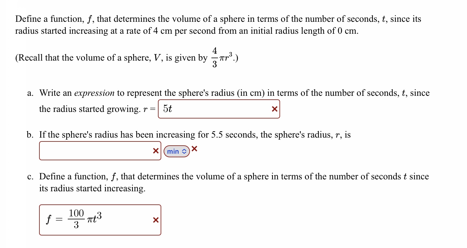 Solved efine a function, f, that determines the volume of a | Chegg.com