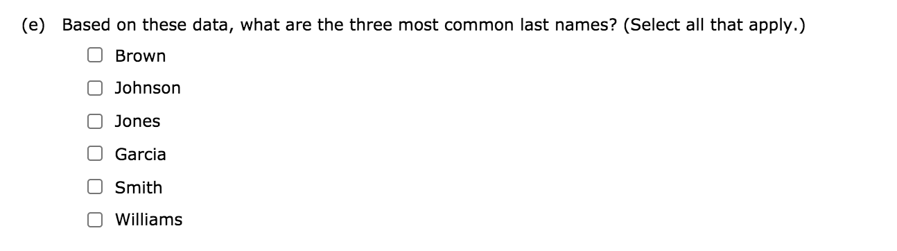 Solved In alphabetical order, the six most common last names | Chegg.com