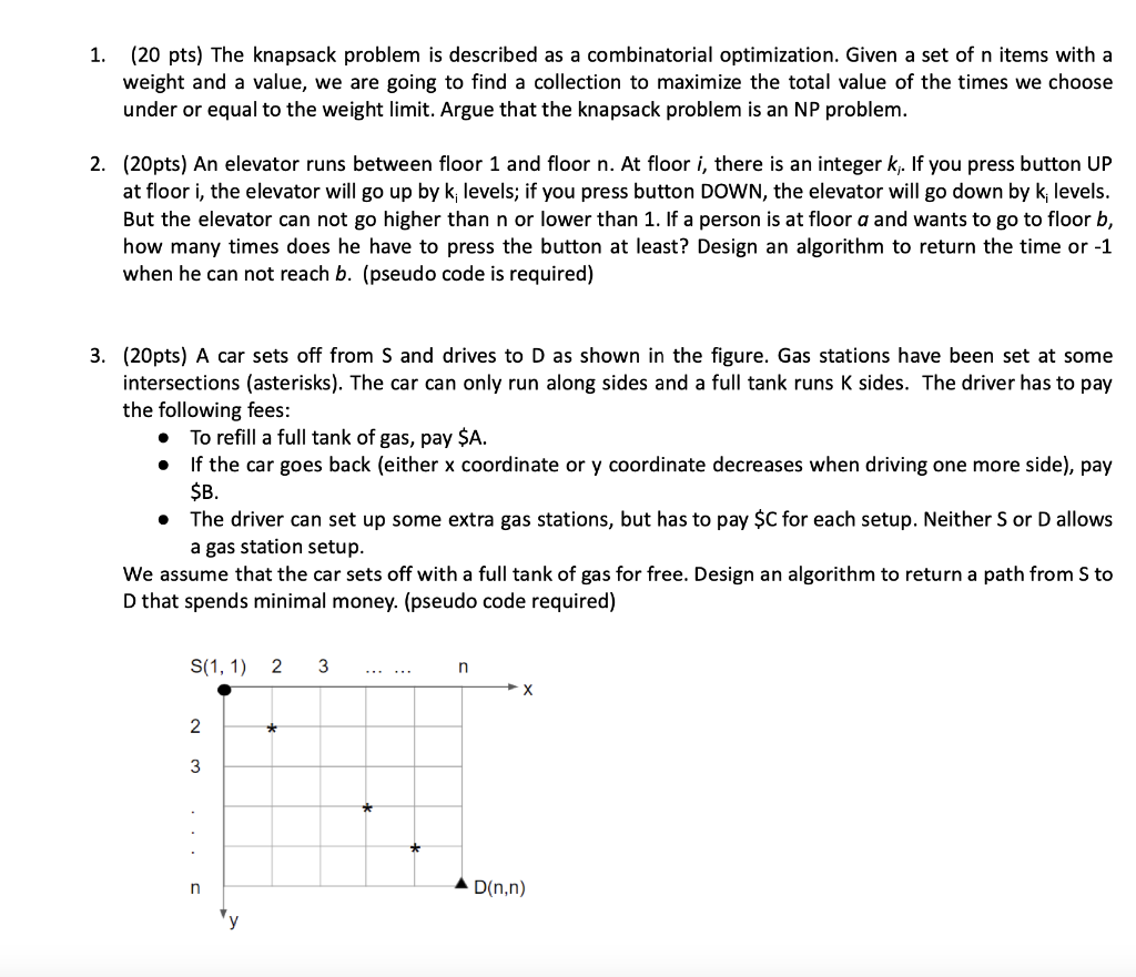 Solved 1. (20 pts) The knapsack problem is described as a | Chegg.com