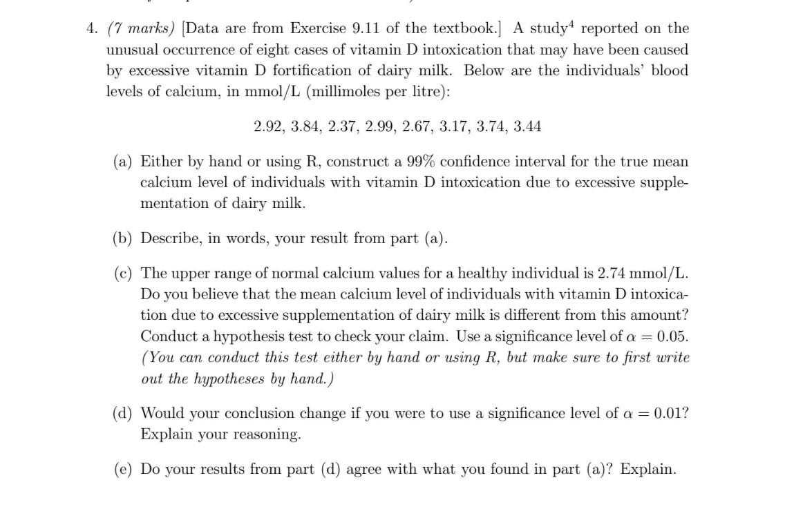 Solved 4. (7 marks) [Data are from Exercise 9.11 of the | Chegg.com