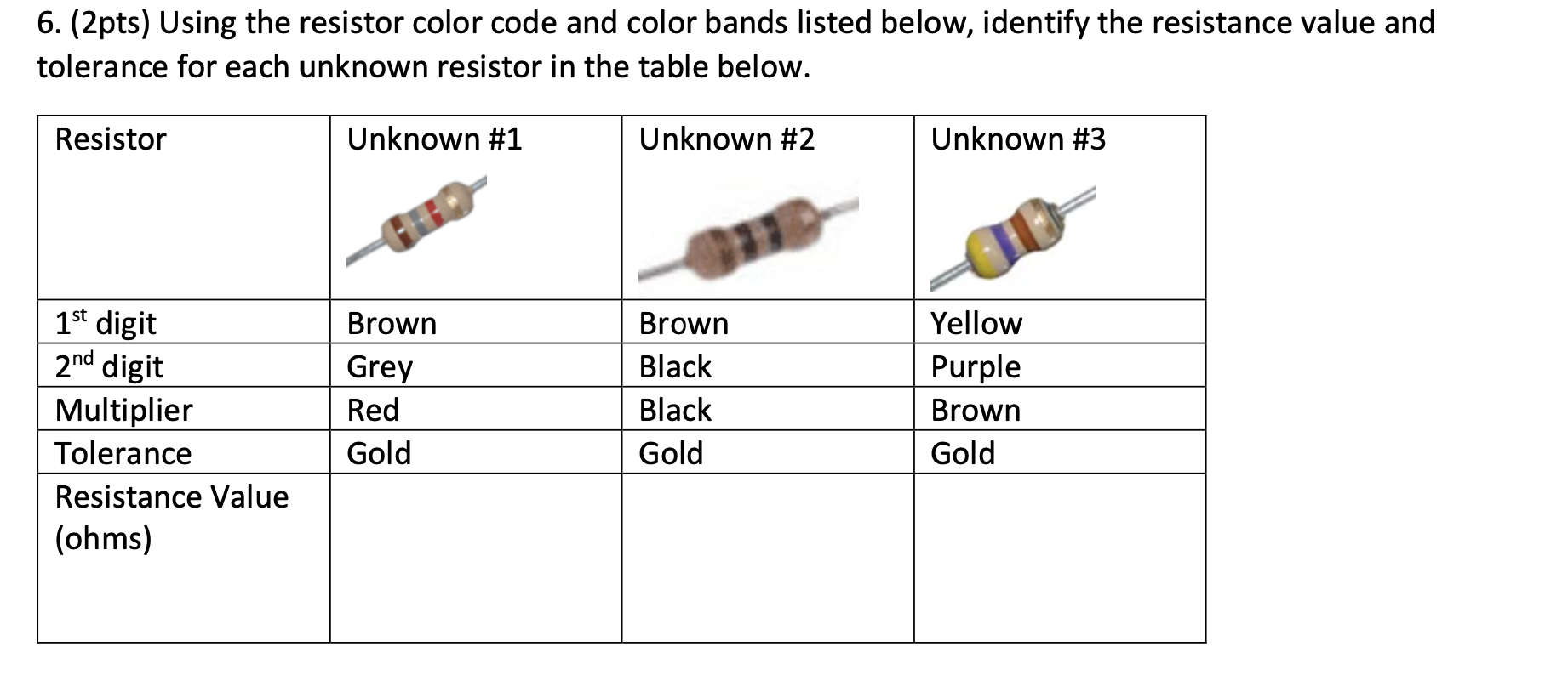 Solved 6. (2pts) Using the resistor color code and color | Chegg.com