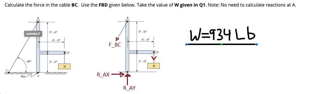Solved Calculate the force in the cable BC. Use the FBD | Chegg.com