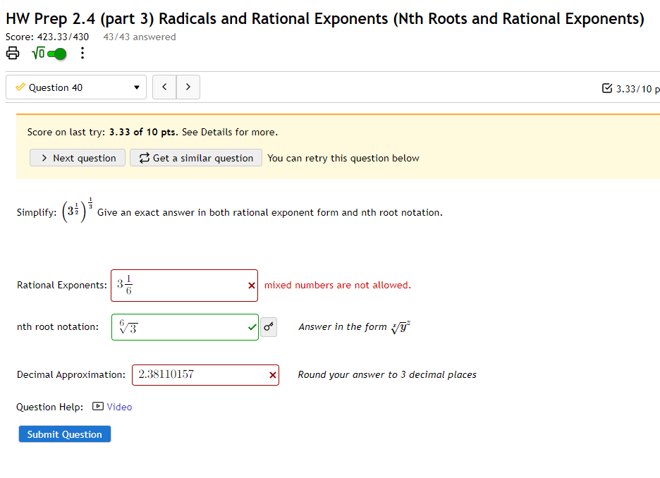 Solved HW Prep 2.4 (part 3) Radicals and Rational Exponents | Chegg.com