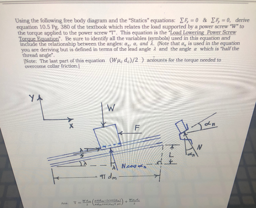 Using the following free body diagram and the | Chegg.com